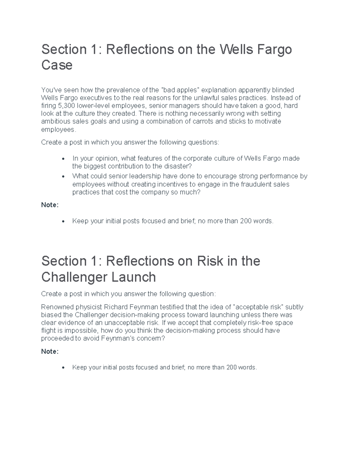 Section 1 - Summary Human resource management - Section 1: Reflections on the Wells Fargo Case ...