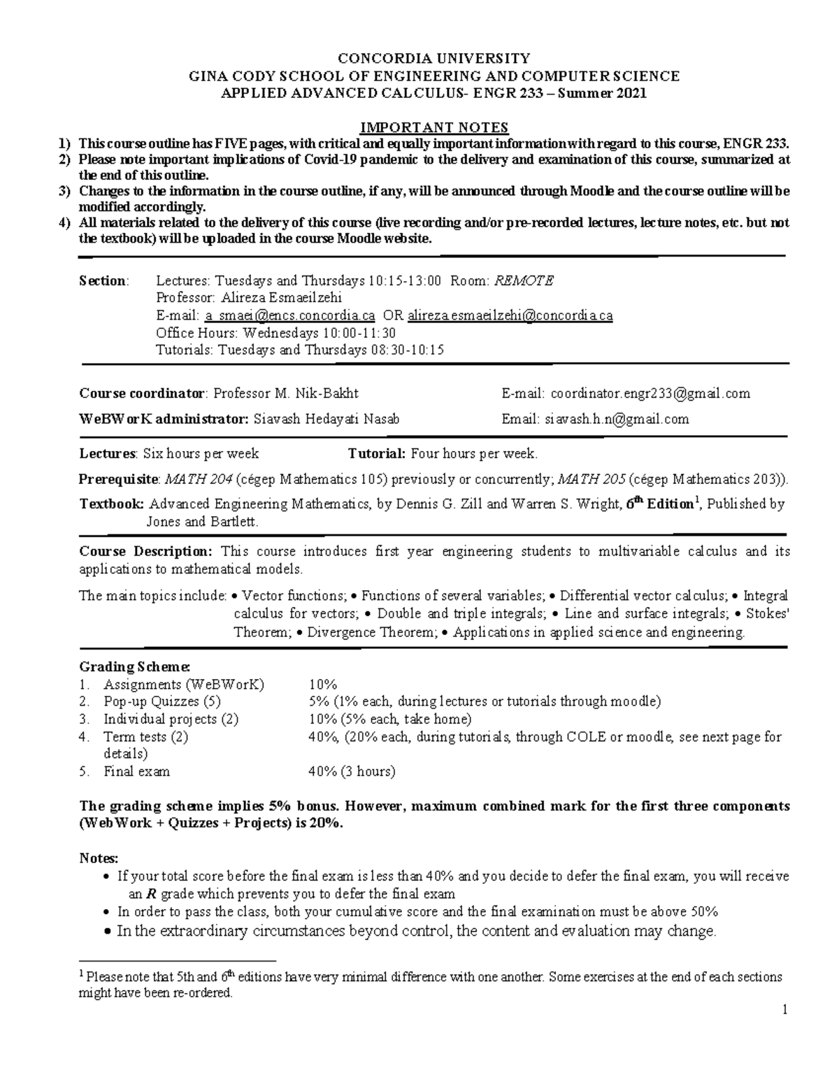 ENGR 233 Outline summer course outline - CONCORDIA UNIVERSITY GINA CODY SCHOOL OF ENGINEERING ...