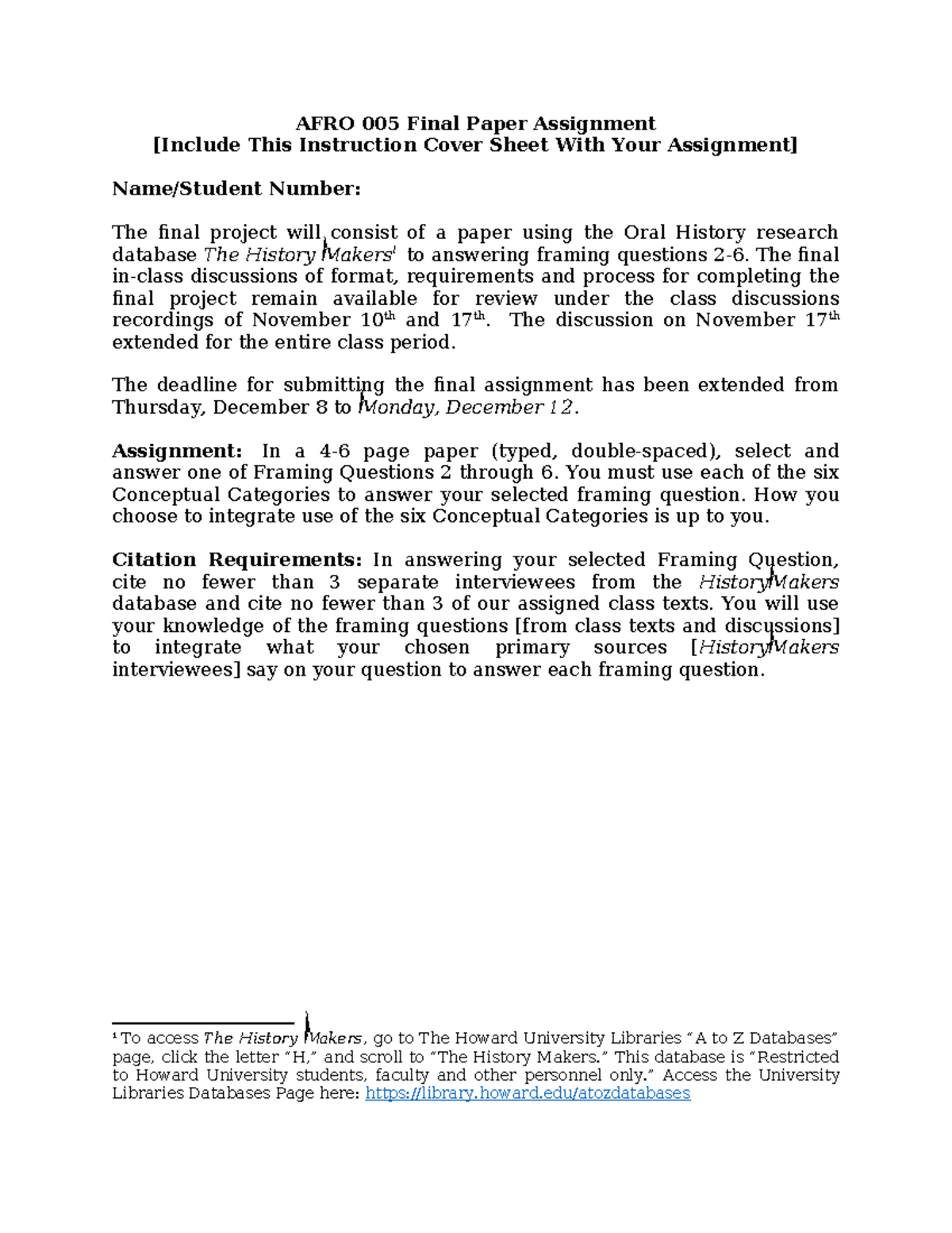 AFRO 005 Final Paper Assignment Prompt and Instructions - AFRO 005 ...