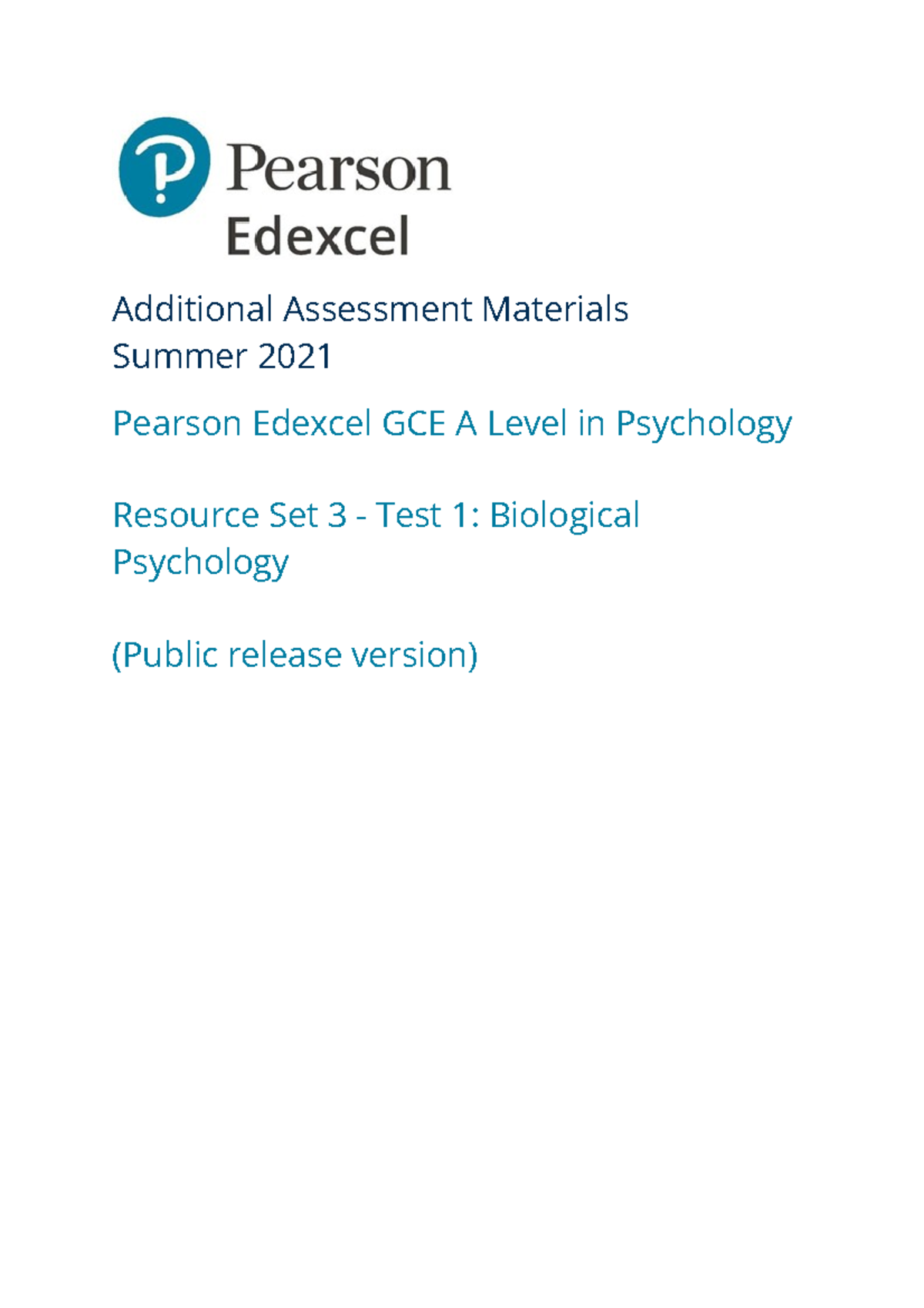 9PS0 GCE Psychology Topic 3 Test 1 - Additional Assessment Materials ...