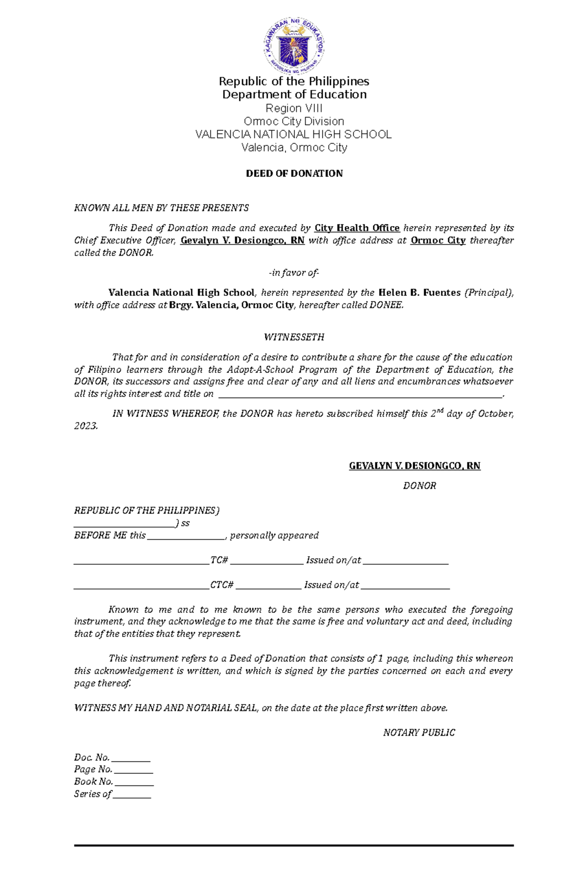 Sample DEED OF Donation AND Acceptance - Department of Education Region ...