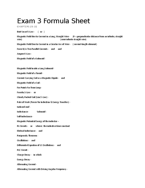 Exam 1 Formula Sheet - Phys 151 - Exam 1 Formula Sheet CHAPTERS 22 ...