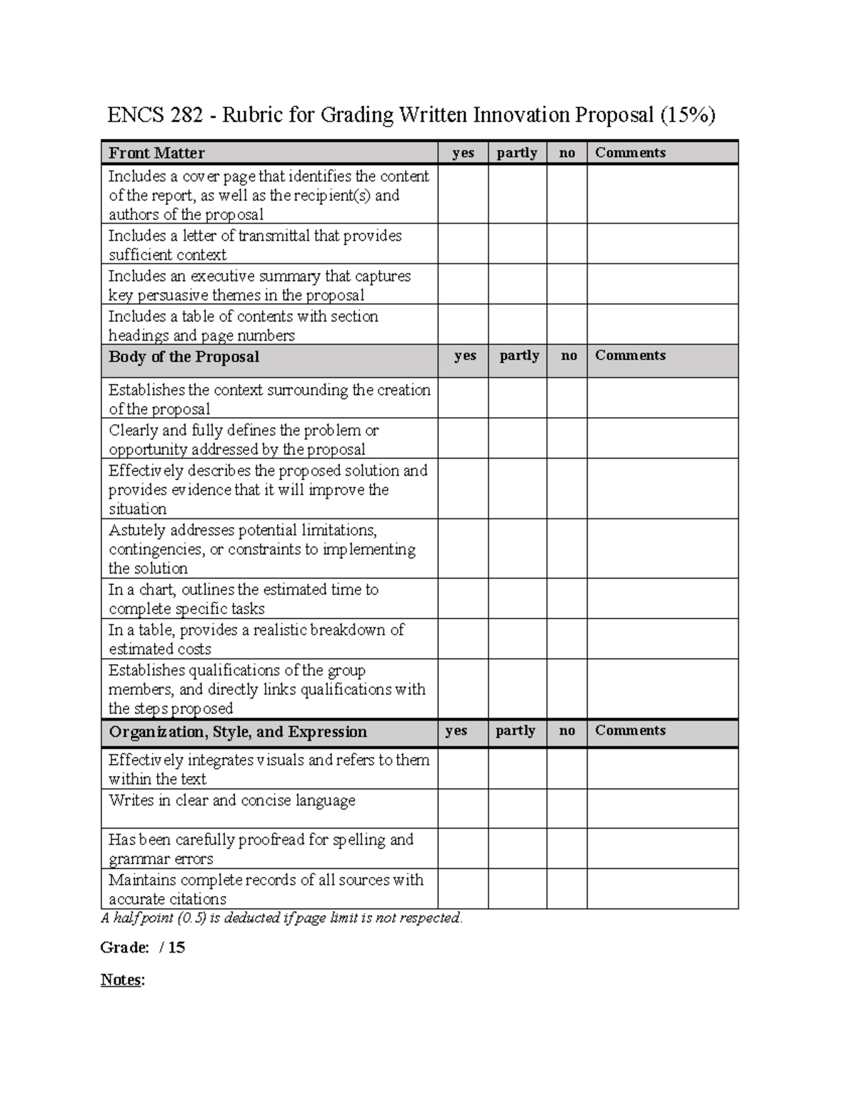 Assessment Rubric - Written Innovation Proposal - ENCS 282 - Rubric for ...