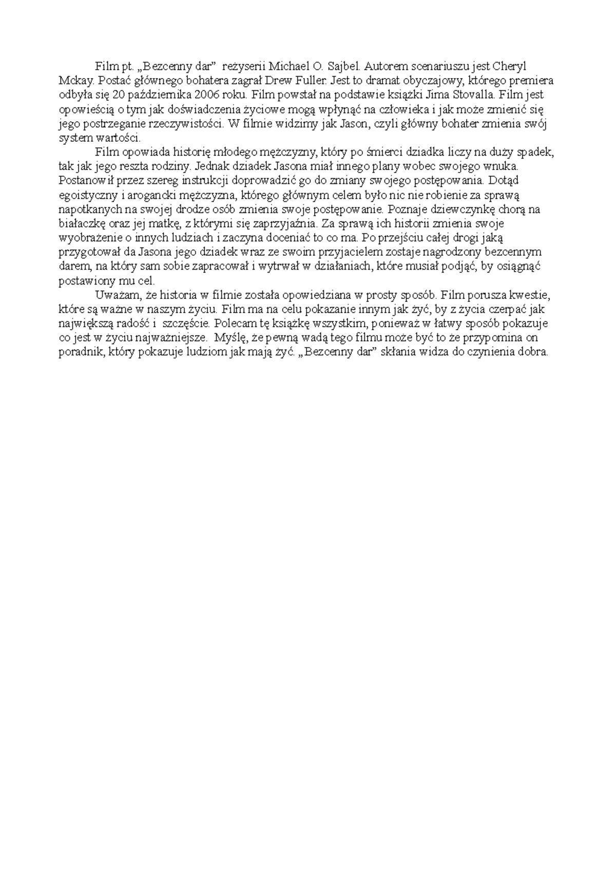 recenzja filmu - przykład recenzji wybranego dzieła filmowego - Film pt ...