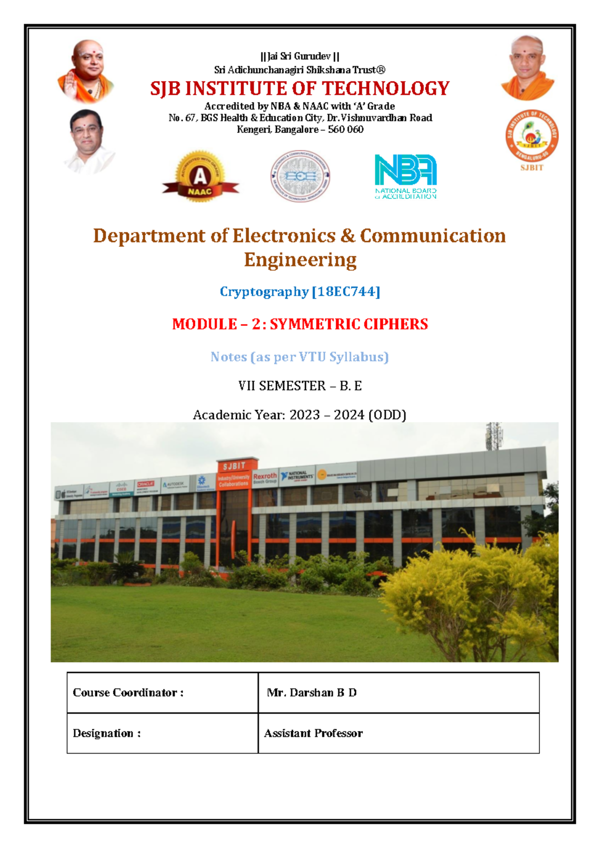 Module-2-Cryptography (18EC744) - ||Jai Sri Gurudev || Sri ...