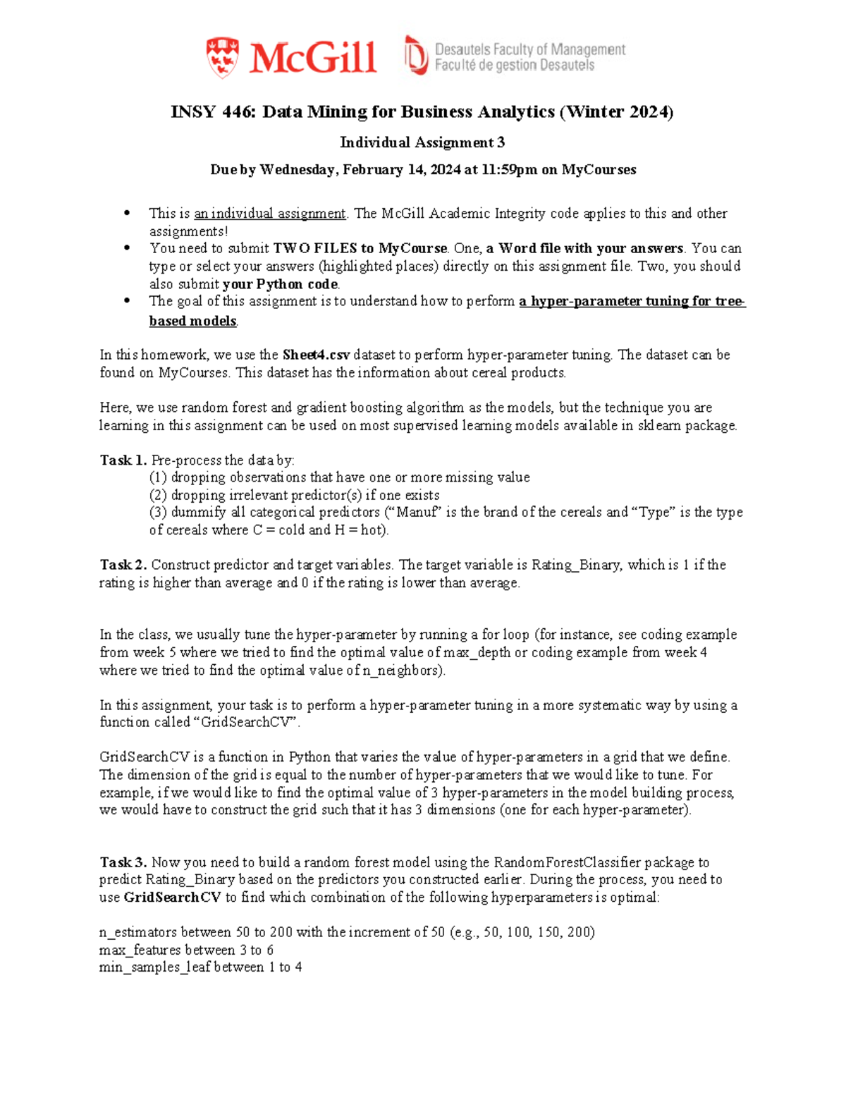 INSY446 - W24 - Individual Assignment 3 - INSY 446: Data Mining for Business Analytics (Winter ...