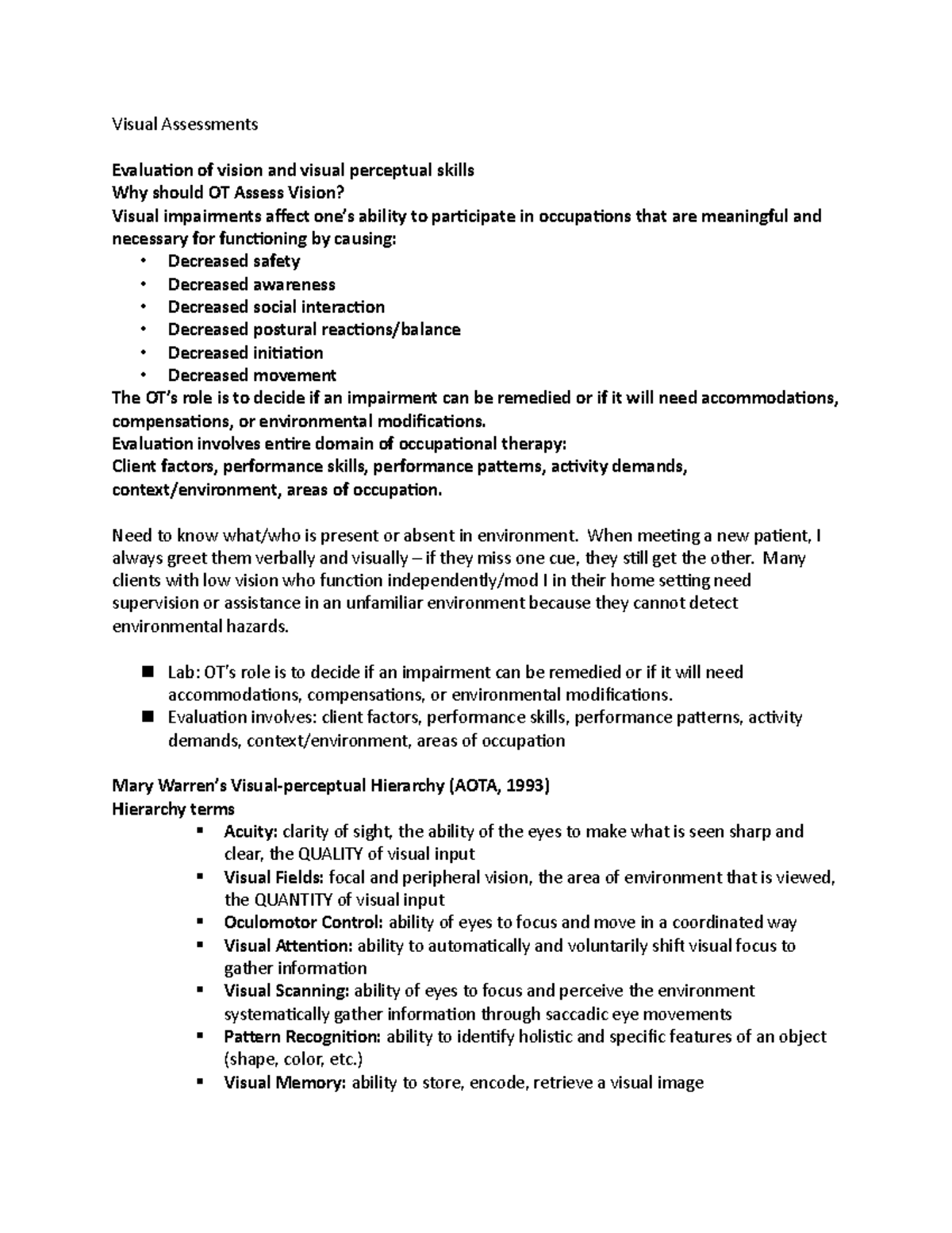 Visual Assessments study guide - Visual Assessments Evaluaion of vision ...