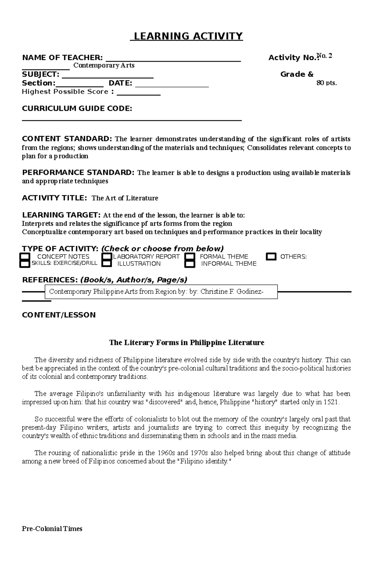 2nd Modular Contempo arts - LEARNING ACTIVITY NAME OF TEACHER