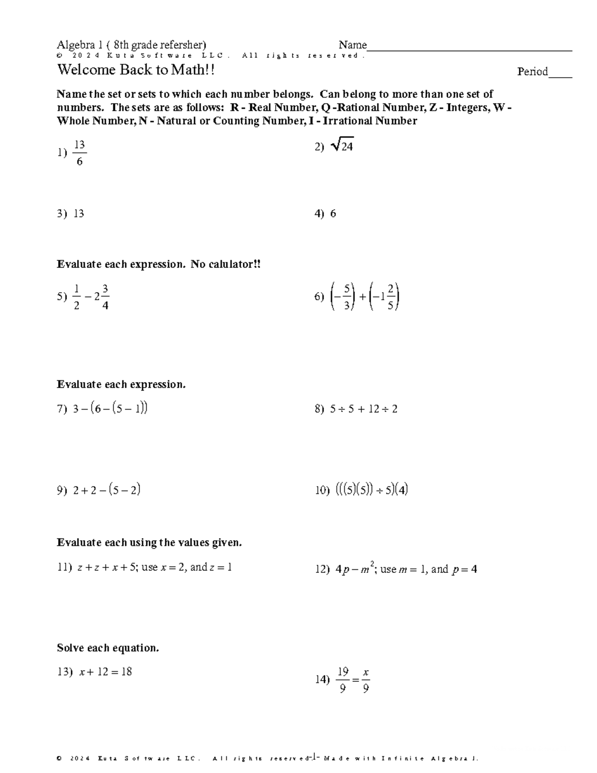 Welcome Back to Math NO Answers Algebra 1 Refresher - ©p R 2 c 0 l 2 P ...