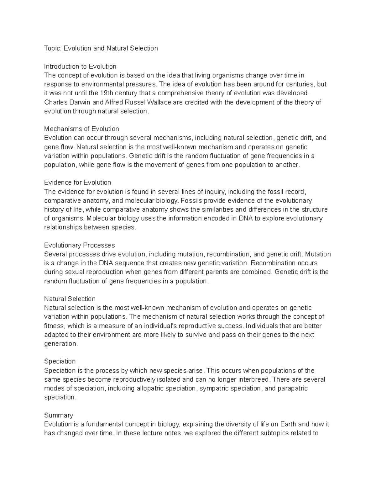 Evolution and Natural Selection - Topic: Evolution and Natural ...