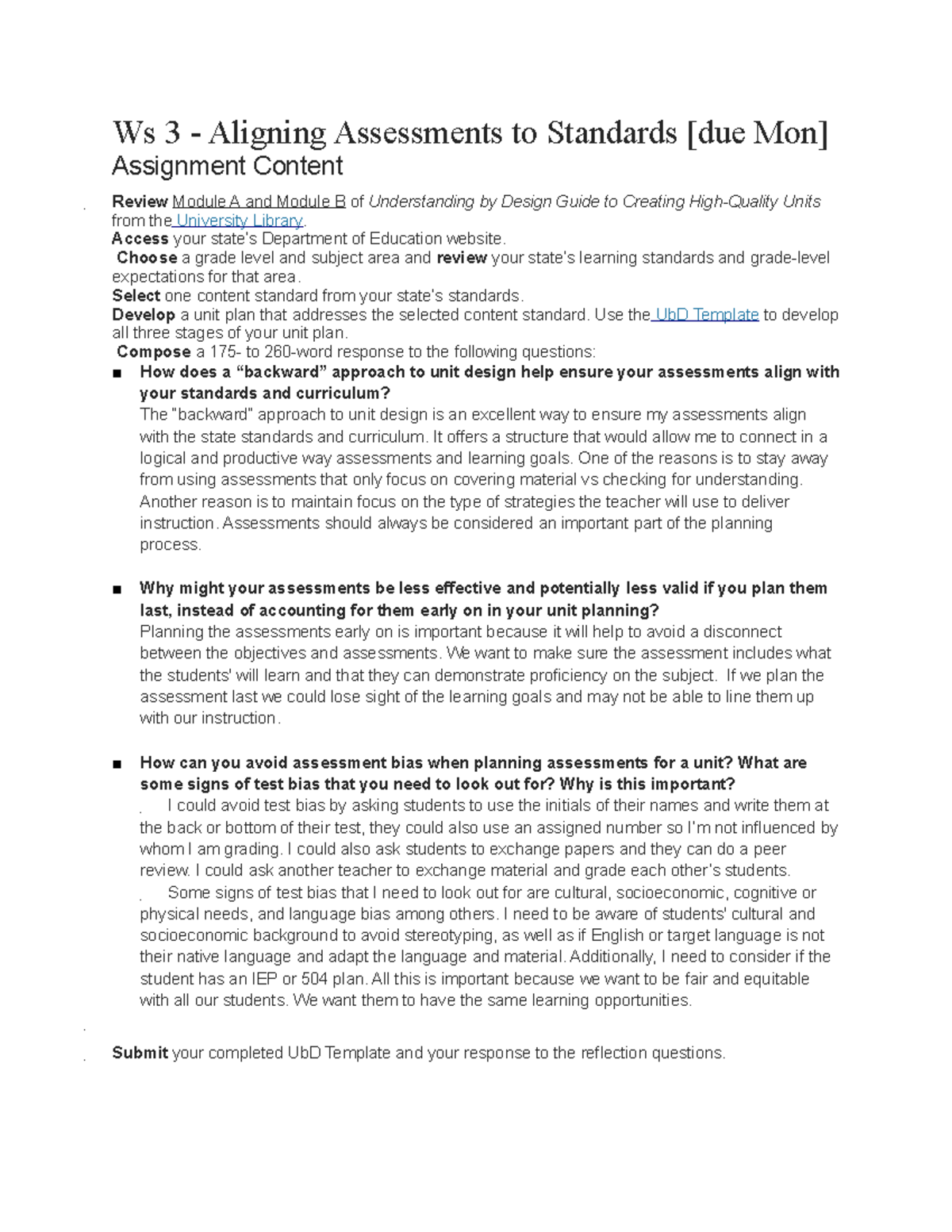 Copy of Ws 3 - Aligning Assessments to Standards [due Mon] - Ws 3 ...