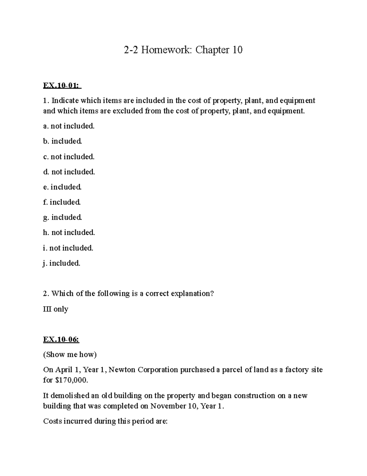 2-2 Homework Chapter 10 - a. not included. b. included. c. not included. d. not included. e ...