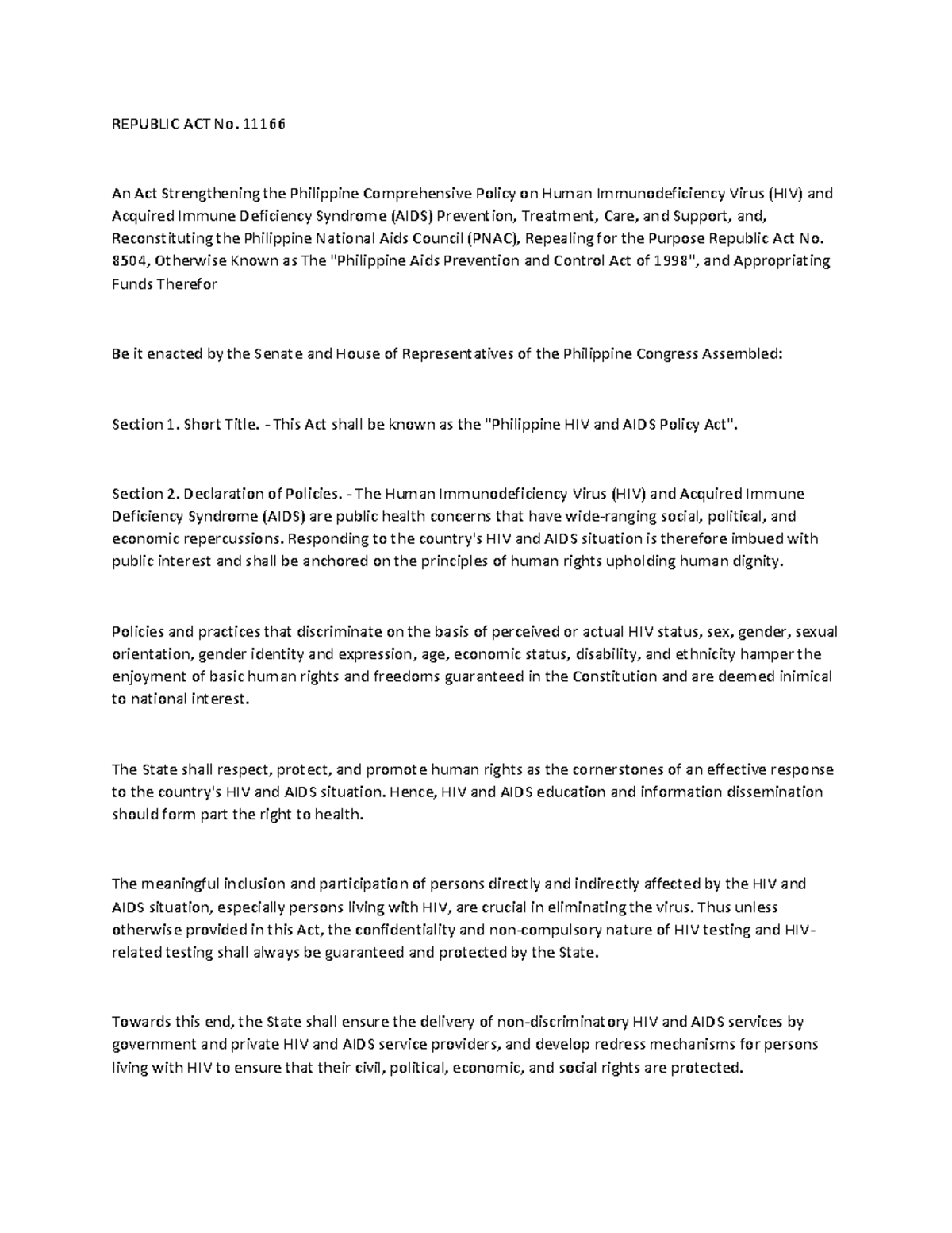 RA 11166 - notable requiremnt - REPUBLIC ACT No. 11166 An Act ...