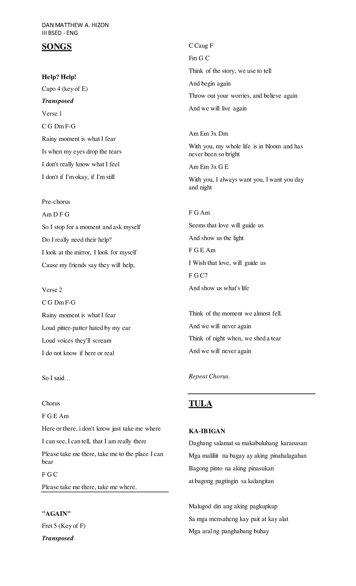 DAN Matthew A. Hizon- Writting - III BSED - ENG SONGS Help? Help! Capo ...