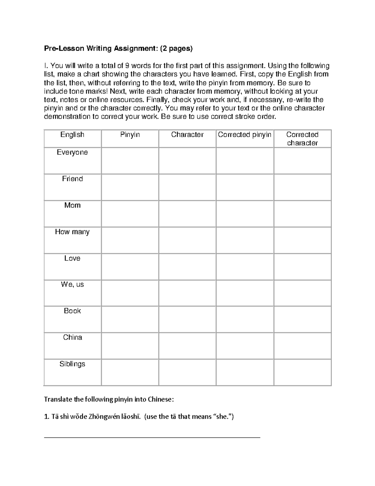 CHIN+043+Pre Unit.Writing Assignment+doc - Pre-Lesson Writing ...