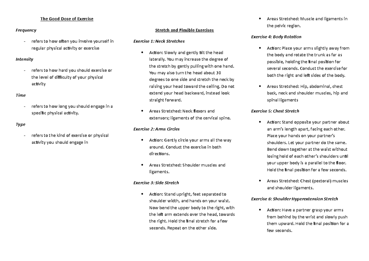 PE Notes - Exercises - The Good Dose of Exercise Frequency - refers to ...