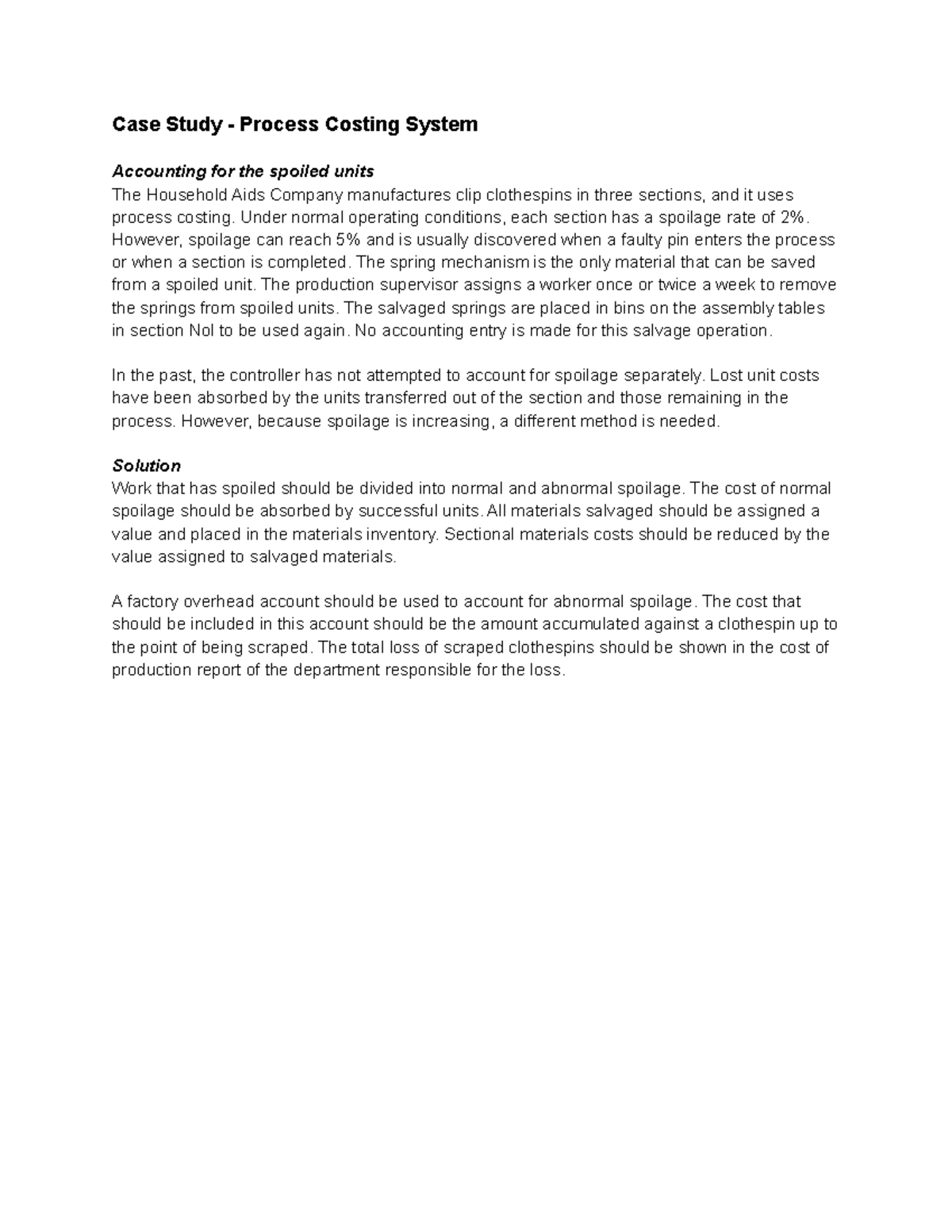 Case Study - Process Costing System - Case Study - Process Costing ...