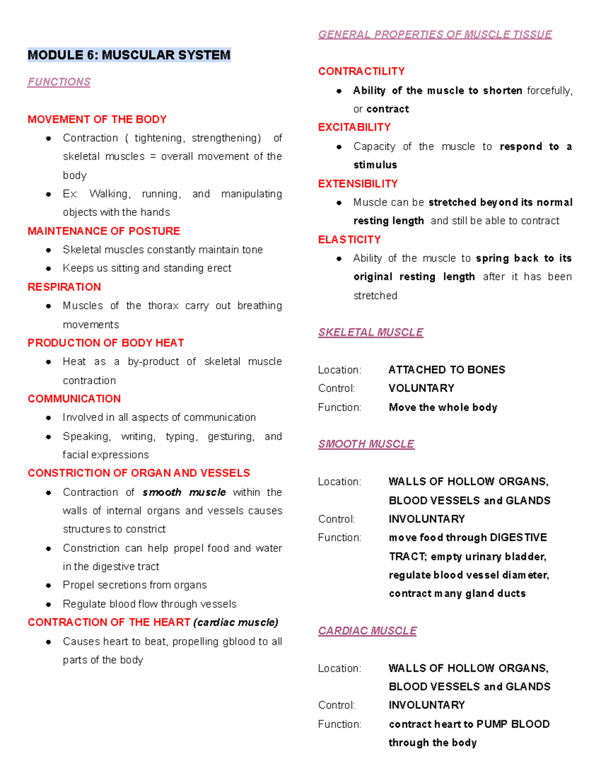 Muscular system - MODULE 6: MUSCULAR SYSTEM FUNCTIONS MOVEMENT OF THE BODY Contraction ( - Studocu