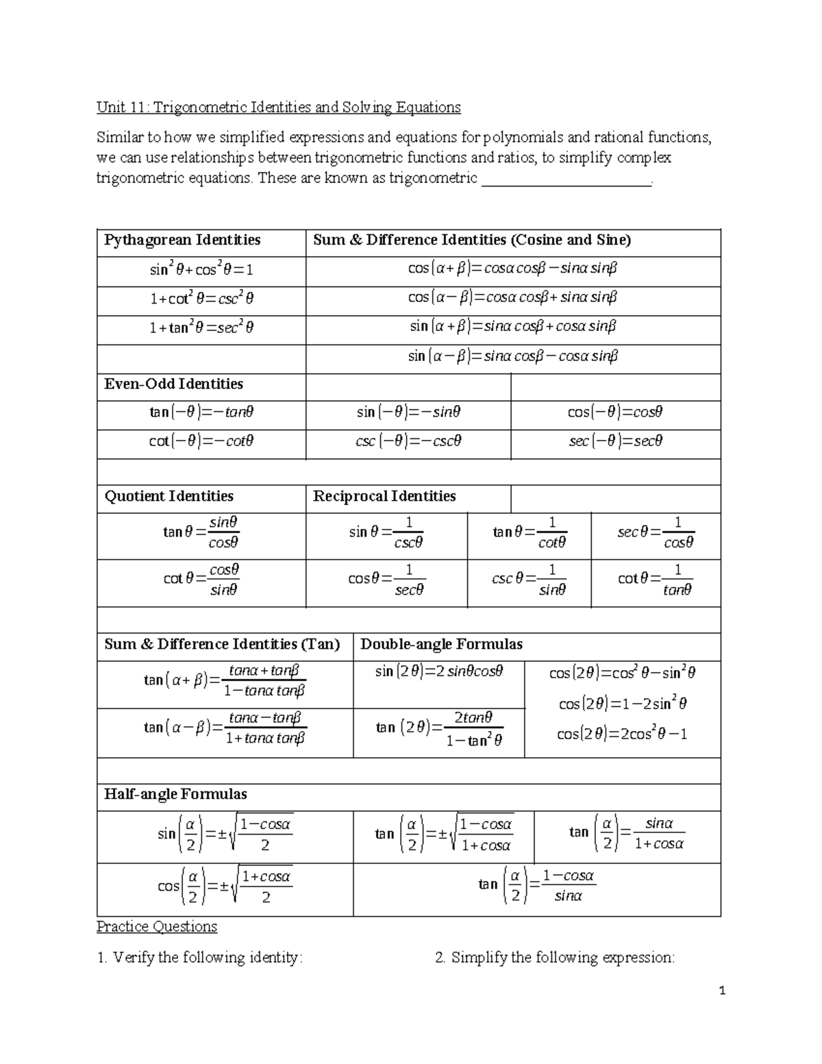Unit 11 - Trigonometric Identities and Equations - Unit 11 ...