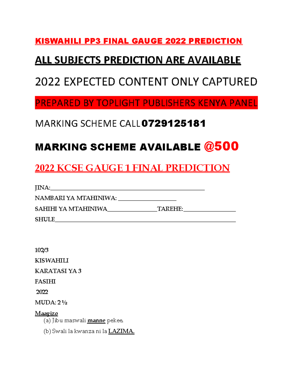 Kiswahili PP3 Final Gauge 2022 Prediction - KISWAHILI PP3 FINAL GAUGE 2022 PREDICTION ALL ...