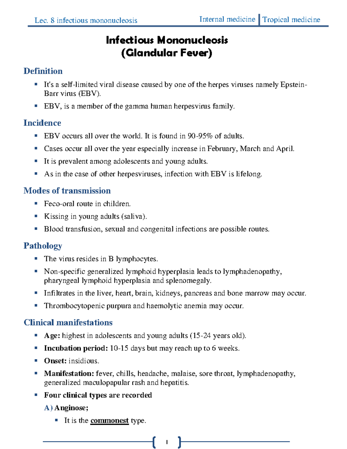 Infectious mononucleosis - Lec. 8 infectious mononucleosis Internal ...