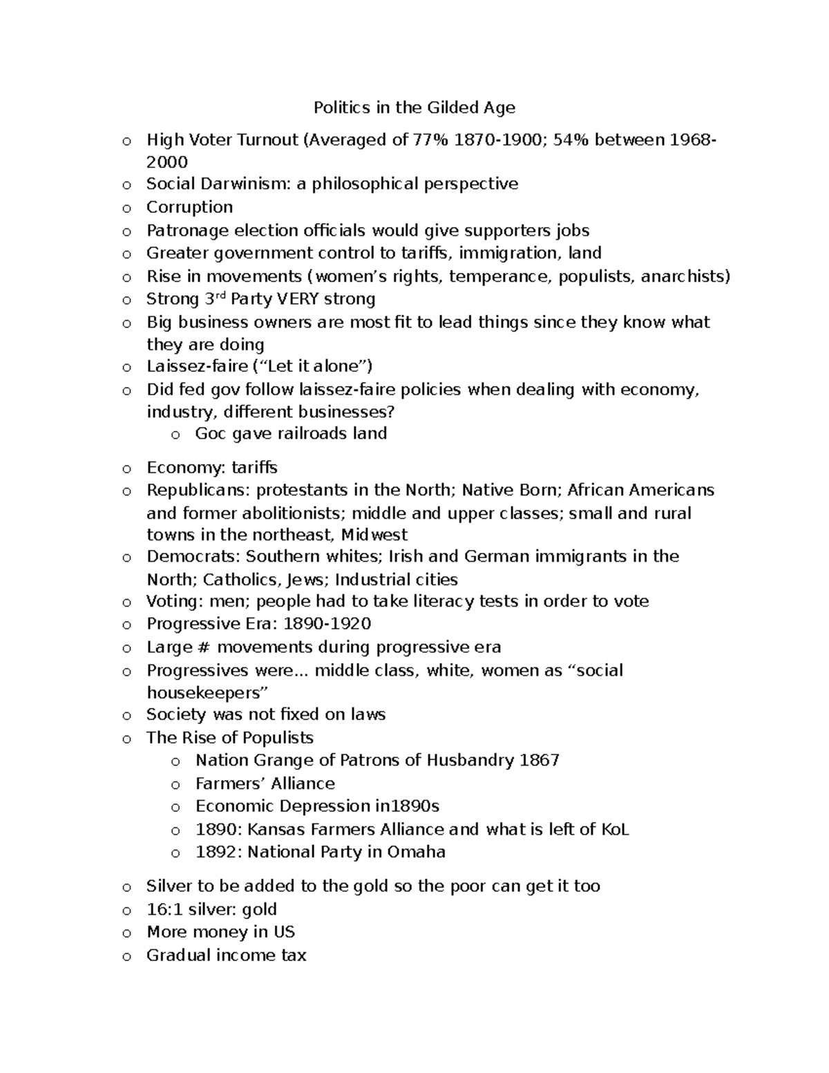 Ch. 19 Notes - Prof. Ceric - Politics in the Gilded Age o High Voter ...