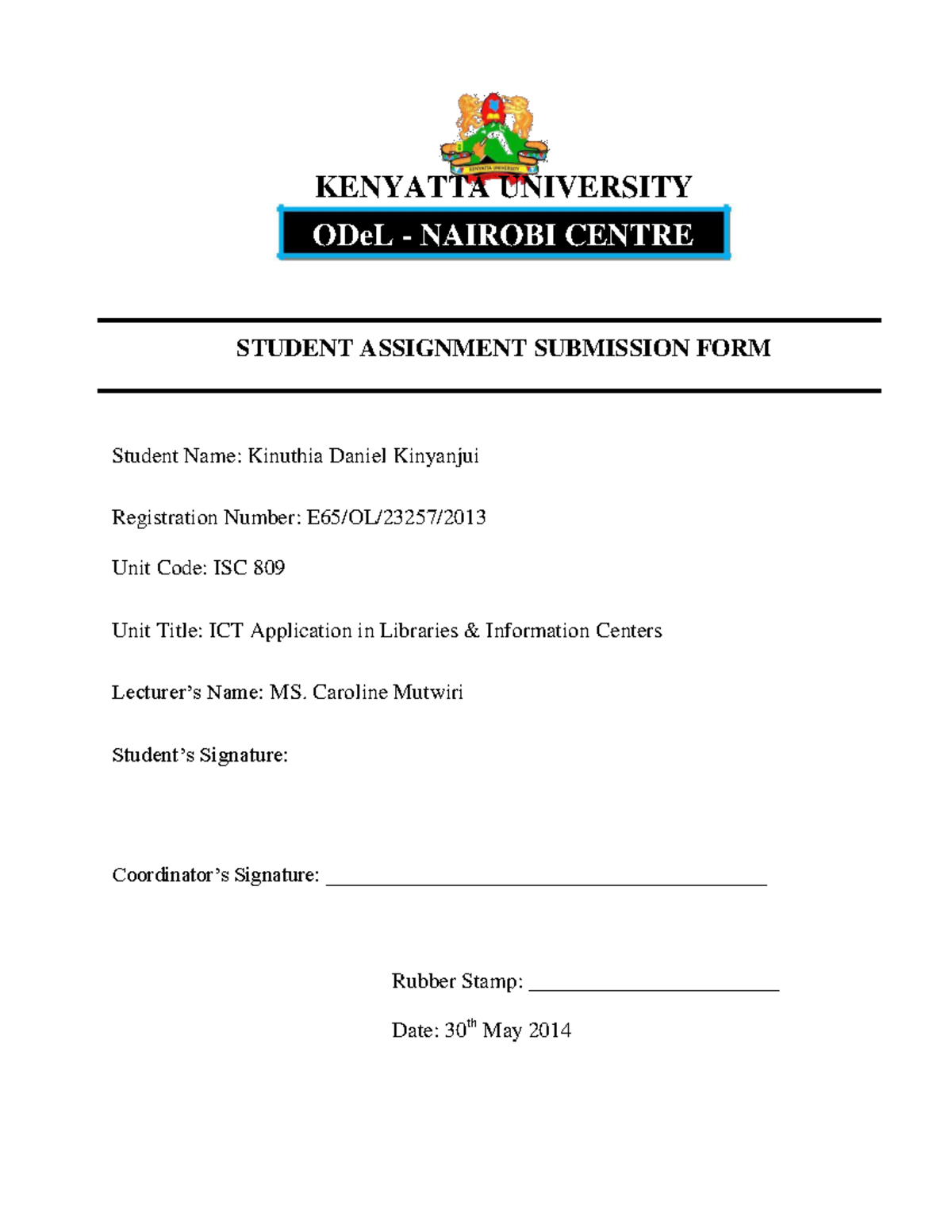ISC 809 assignment-Daniel Kinyanjui - KENYATTA UNIVERSITY ODeL ...