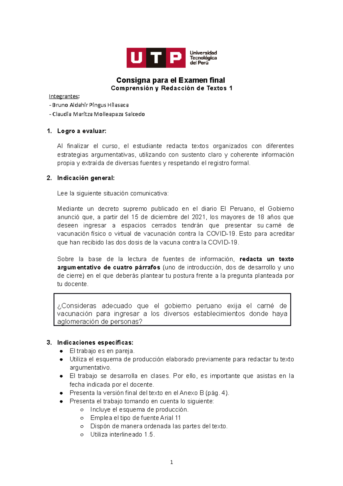 GC N01I Exficonsigna 21C2A examen final - Consigna para el Examen final Comprensión y Redacción ...
