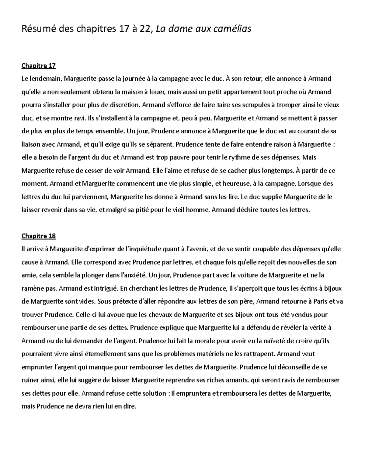 Résumé chapitres 17 à 22 - Résumé des chapitres 17 à 22, La dame aux ...