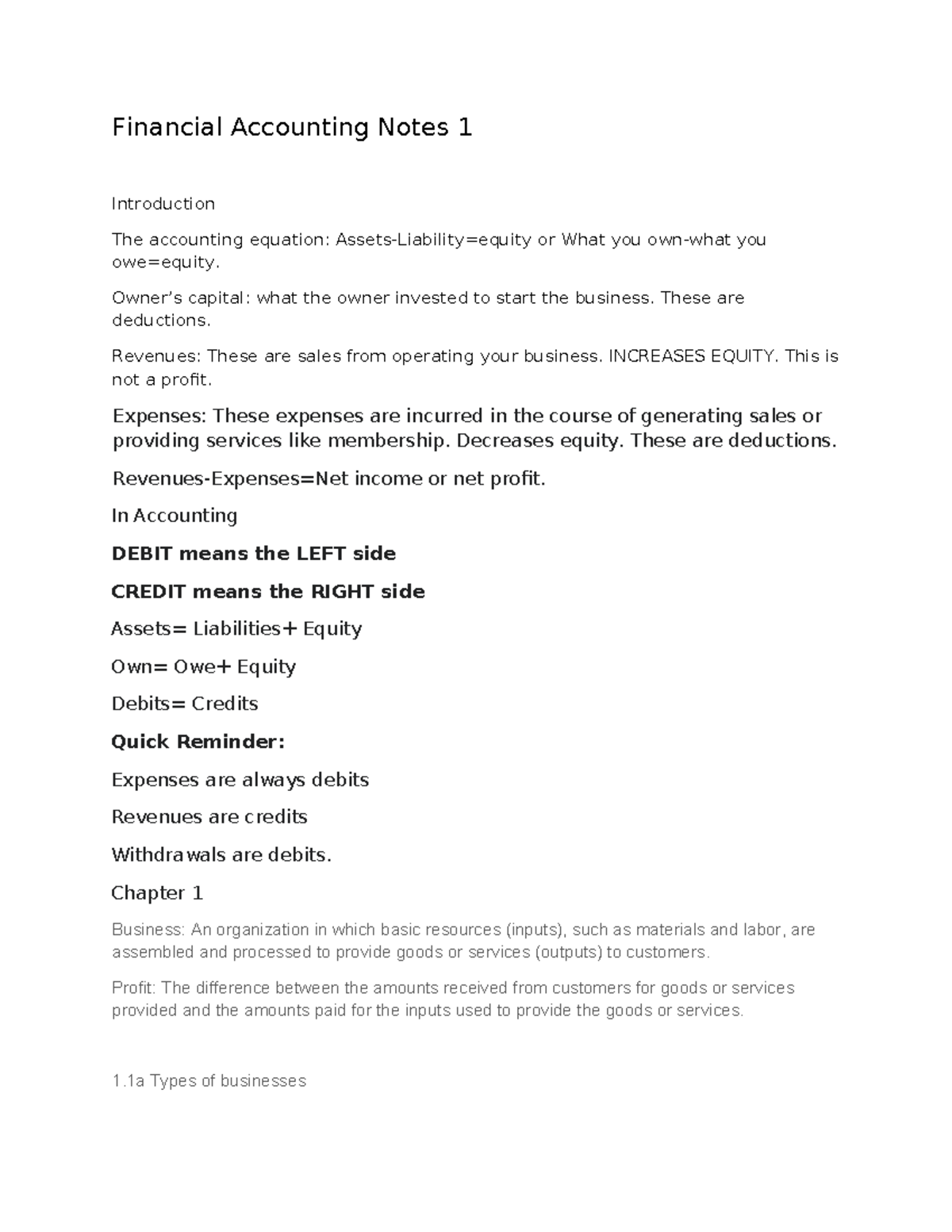 Financial Accounting Notes 1 - Owner’s capital: what the owner invested ...