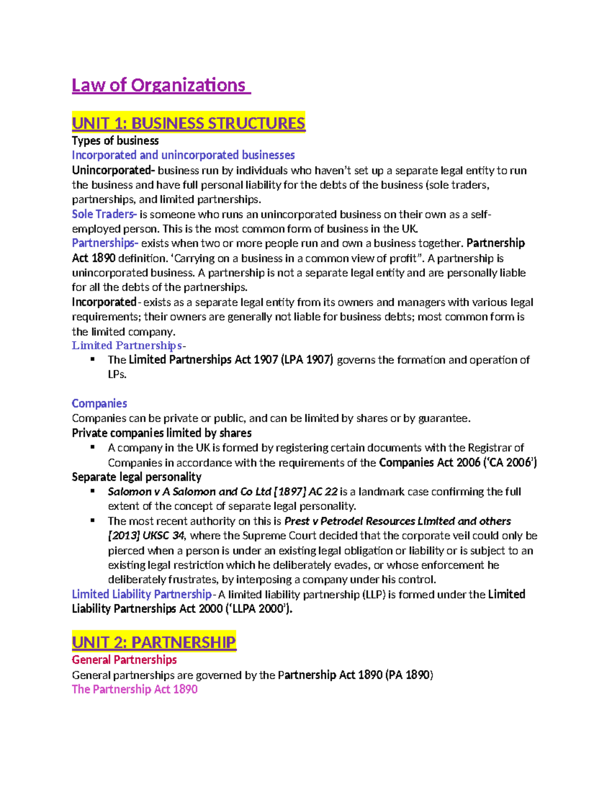 Casebook - cases - Law of Organizations UNIT 1: BUSINESS STRUCTURES ...