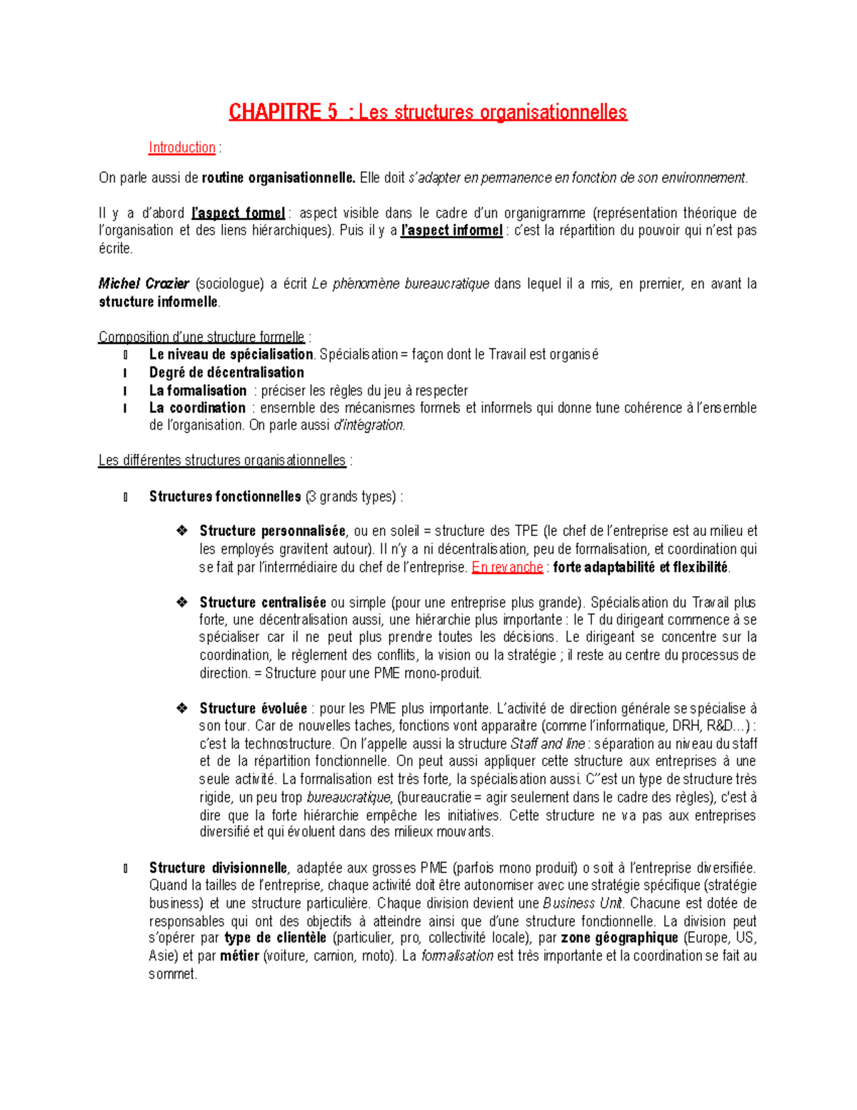 Chapitre 5 Les structures organisationnelles - CHAPITRE 5 : Les ...