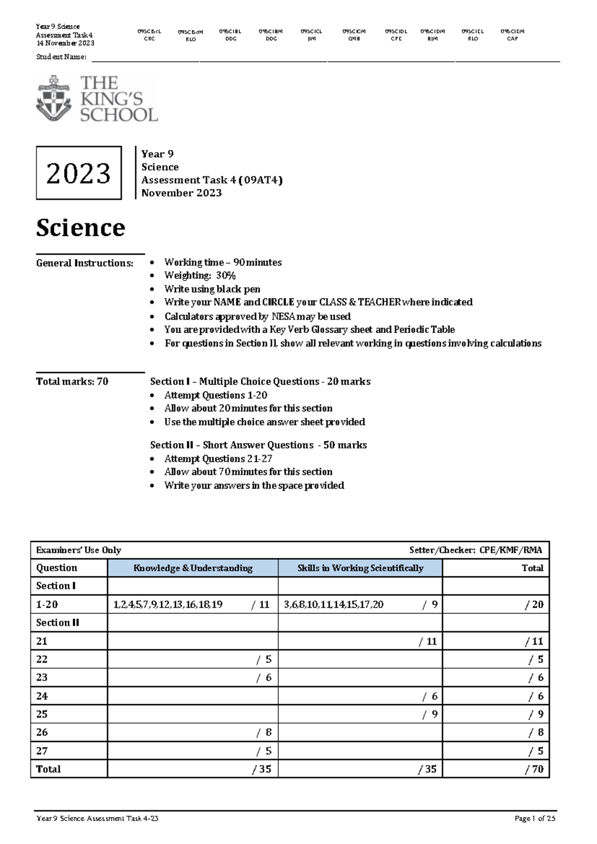 Yr09SCI AT4.23 Yearly Examination past paper - Year 9 Science ...
