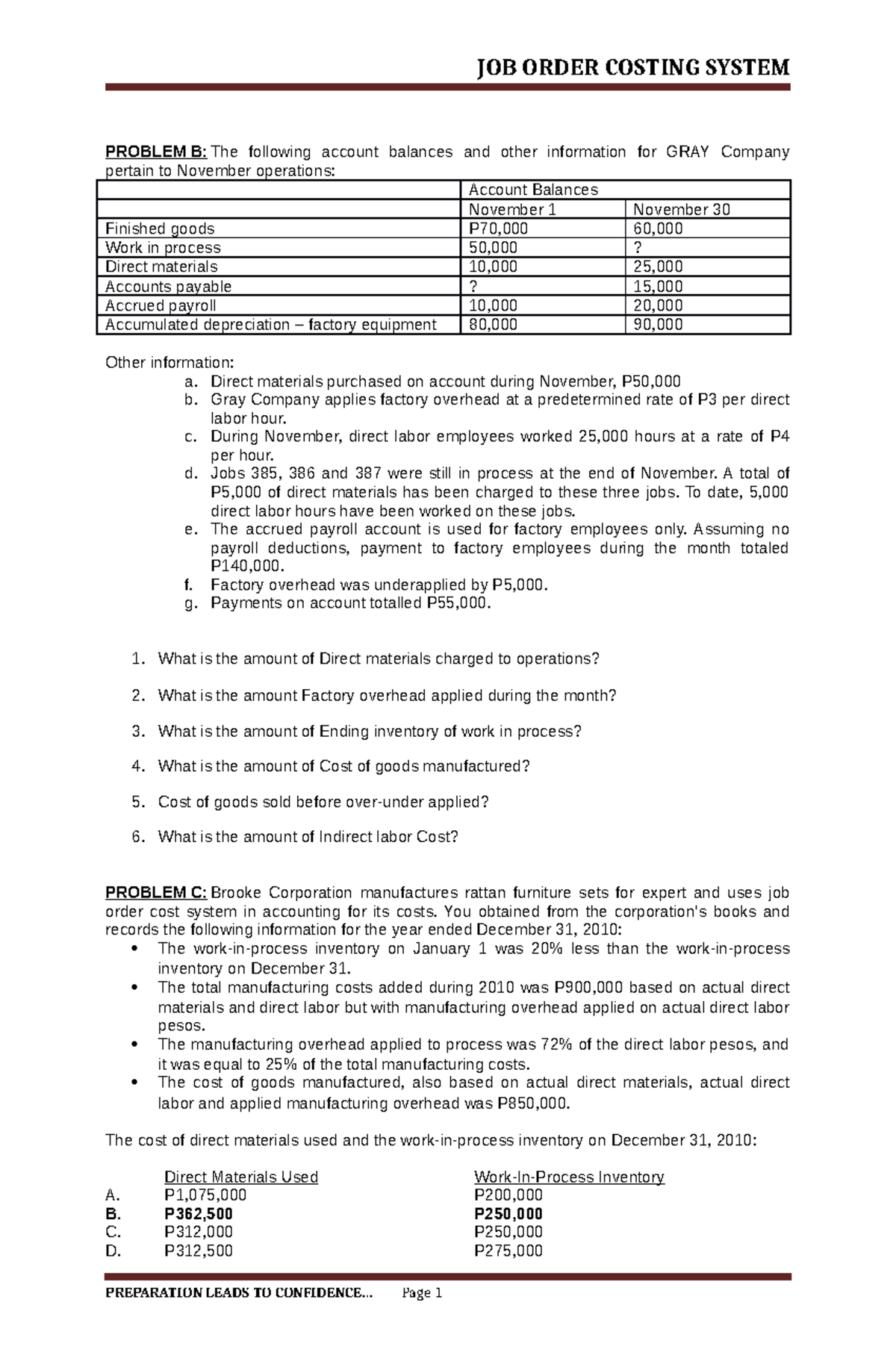 JOB order Costing Reviewer - PROBLEM B: The following account balances ...