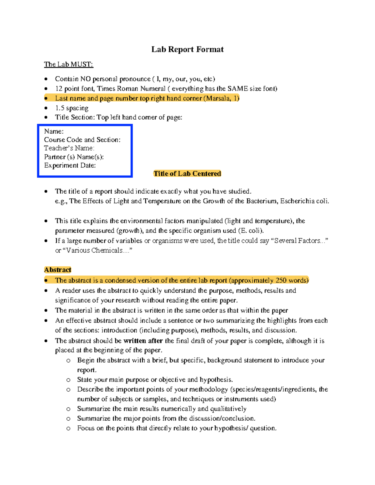 Lab Report Quidelines - YEAH - Lab Report Format The Lab MUST: Contain ...