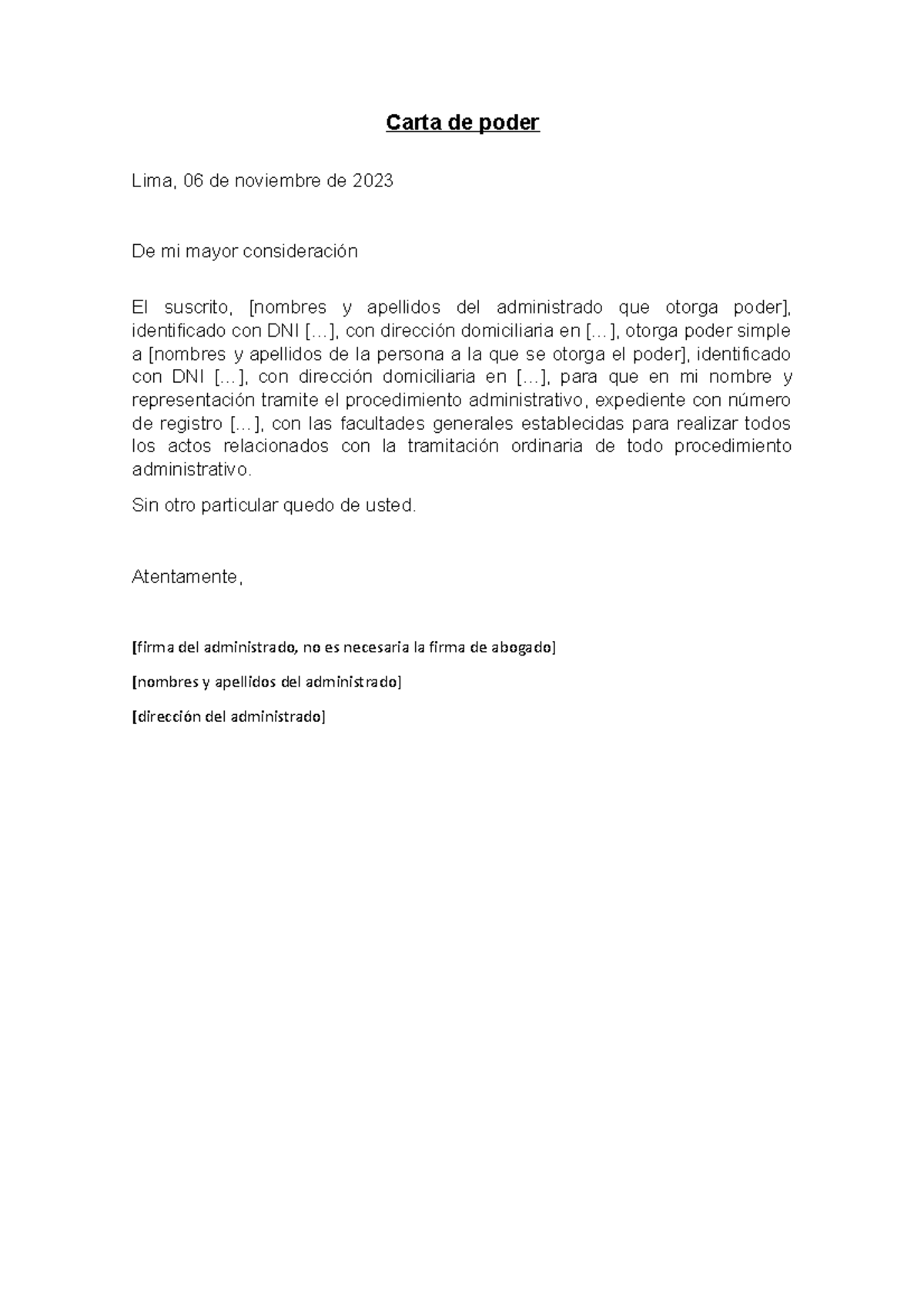 Carta de poder simple - Carta de poder Lima, 06 de noviembre de 2023 De ...