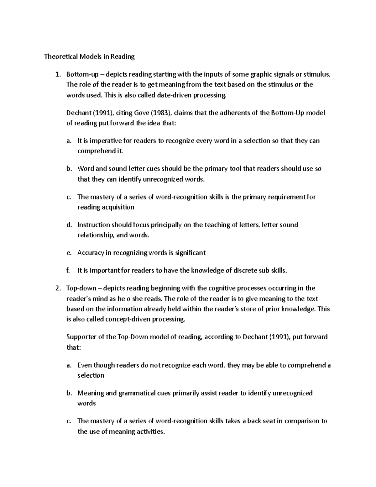 Developmental Reading 2 - Theoretical Models in Reading 1. Bottom-up ...