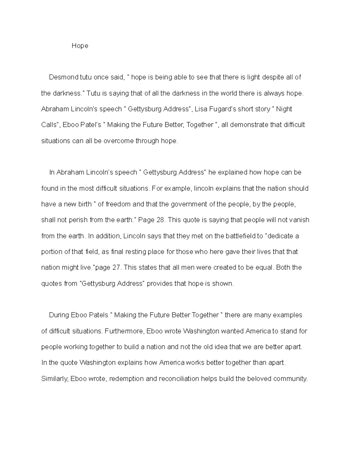 hope essay 1 lin 321 - Hope Desmond tutu once said, “ hope is being ...