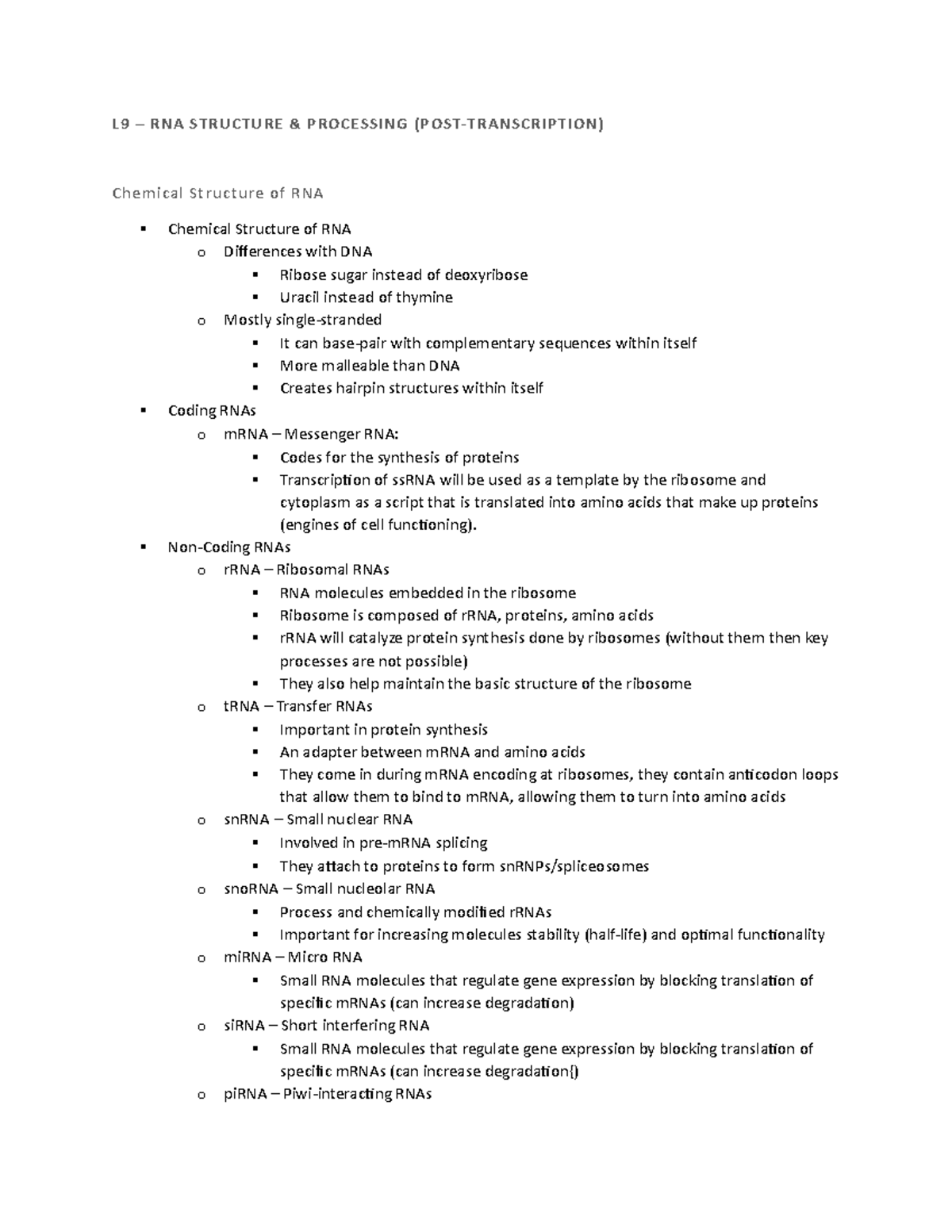 L9.10.11 - RNA Structure AND Processing - L9 – RNA STRUCTURE & PROCESSING (POST-TRANSCRIPTION ...