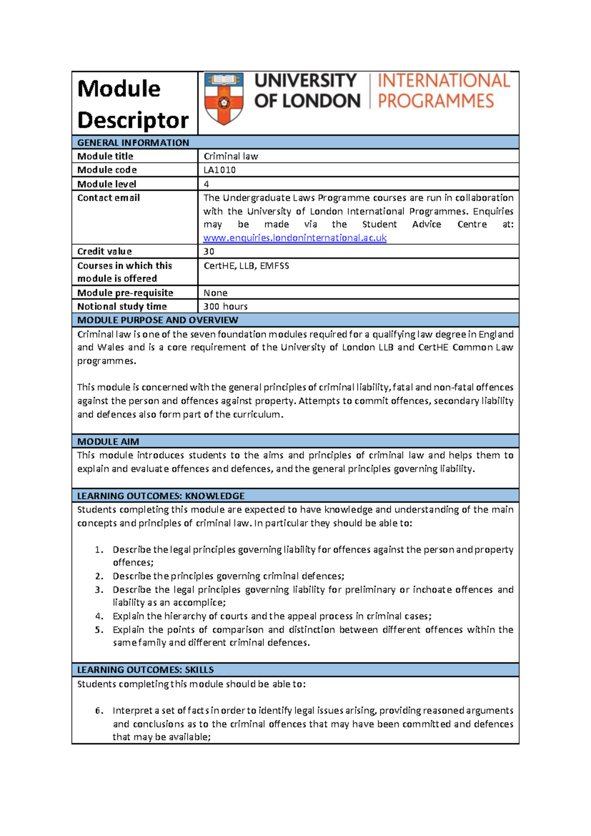 1. Criminal Law- Module Descriptor - Module Descriptor GENERAL ...