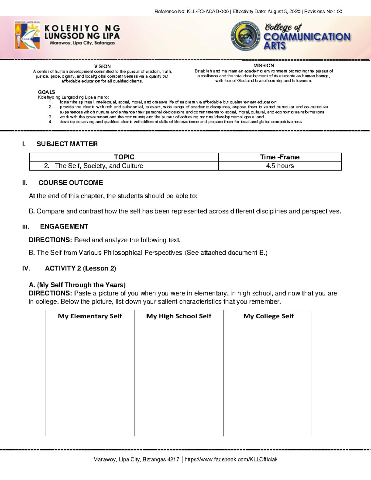 Activity 2 GE 101 UNDERSTANDING THE SELF - Reference No: KLL-FO-ACAD ...