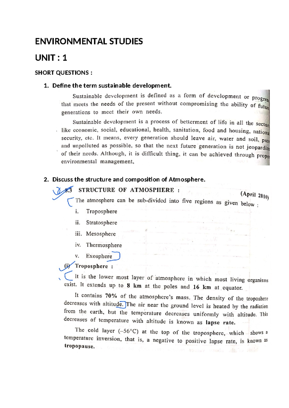 Evs notes - ENVIRONMENTAL STUDIES UNIT : 1 SHORT QUESTIONS : Define the ...