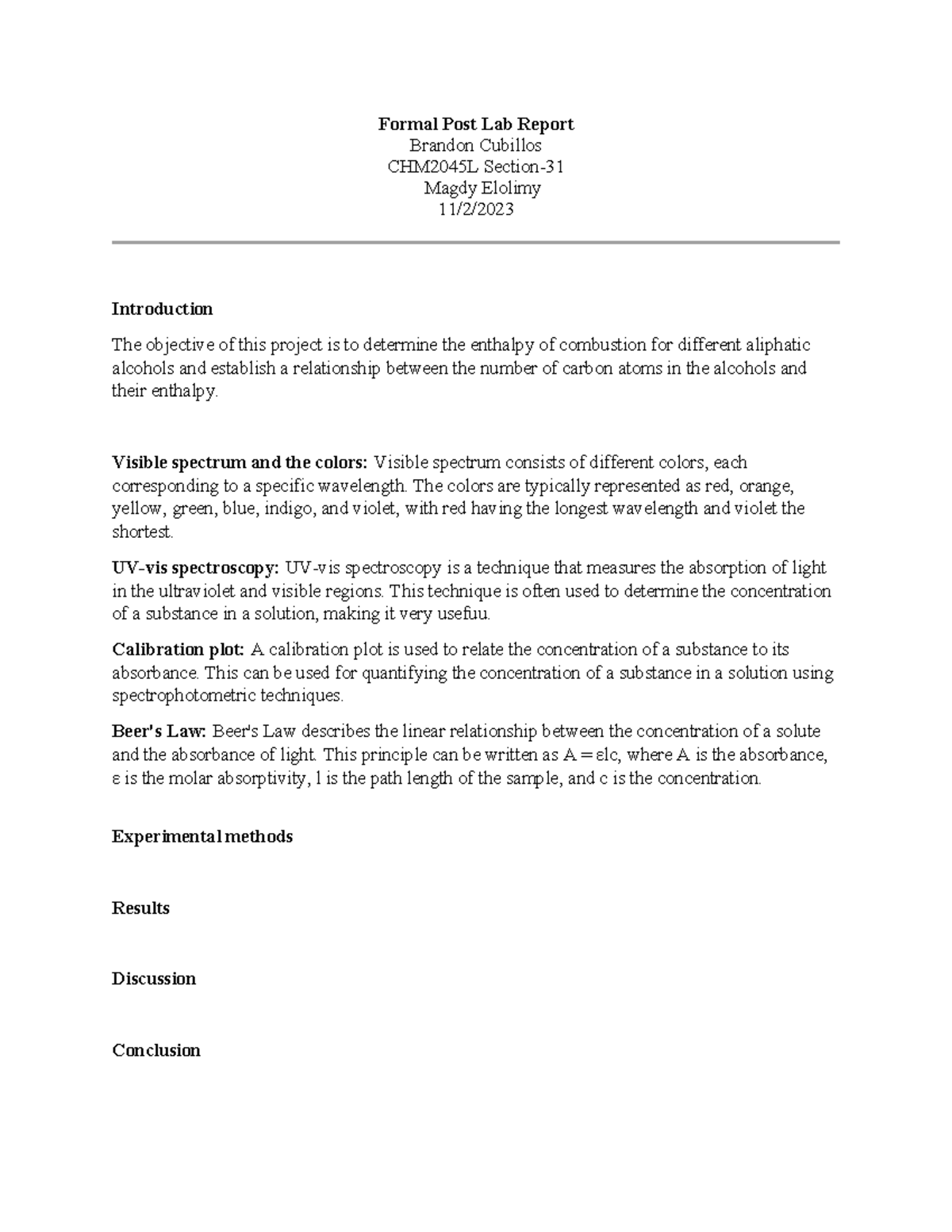 Rep - Notes - Formal Post Lab Report Brandon Cubillos CHM2045L Section ...
