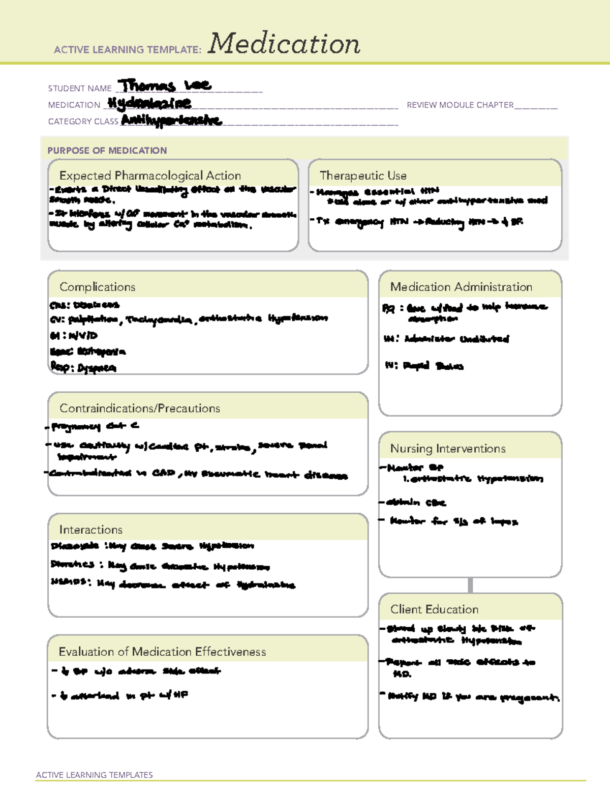 4. Hydralazine - Homework assignment for OBGYN. ATI templates. This ...
