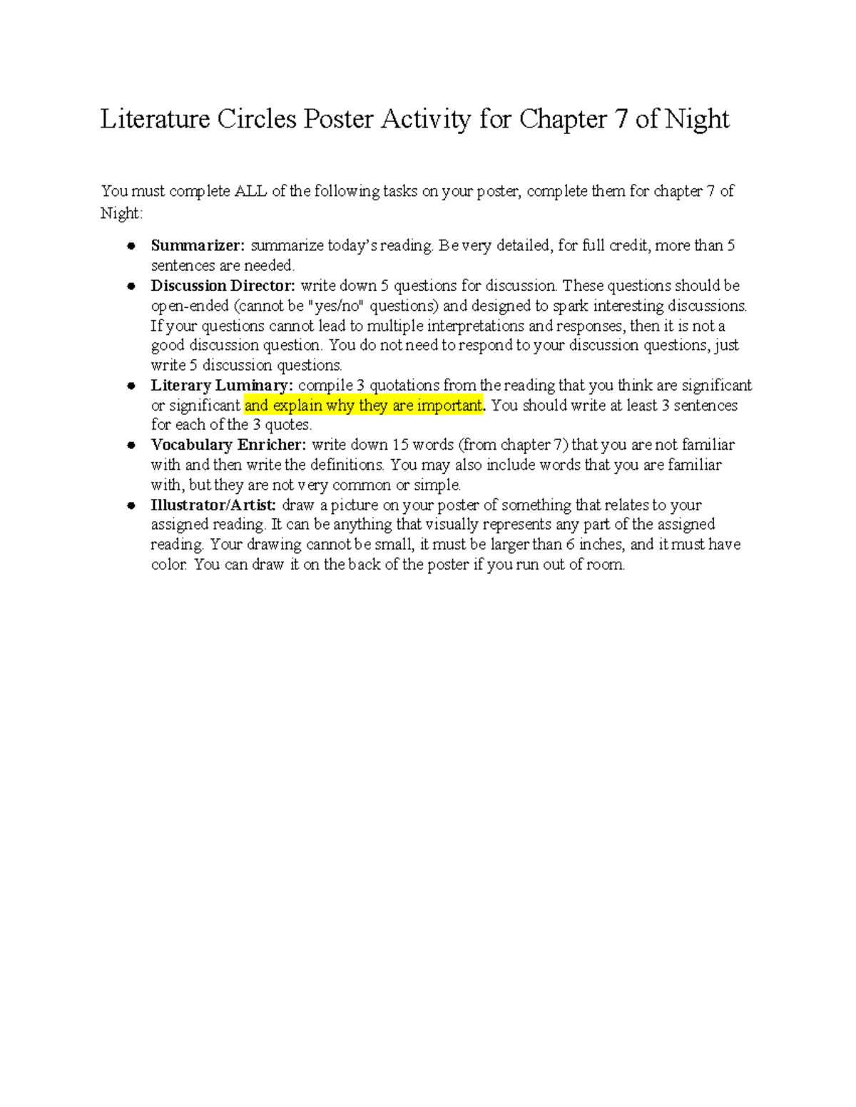 Literature Circles Poster Activity for Chapter 7 of Night 2024 - Be ...