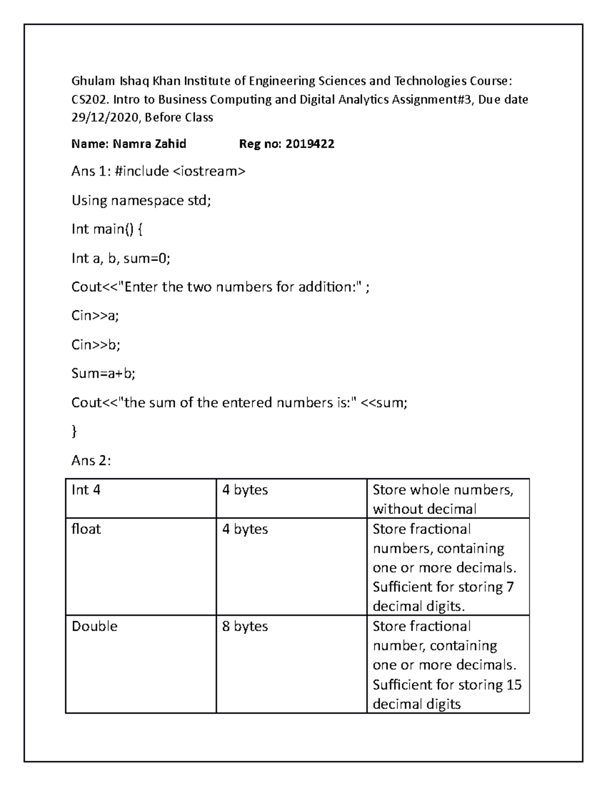 Cs assignment c - essay - Ghulam Ishaq Khan Insitute of Engineering ...