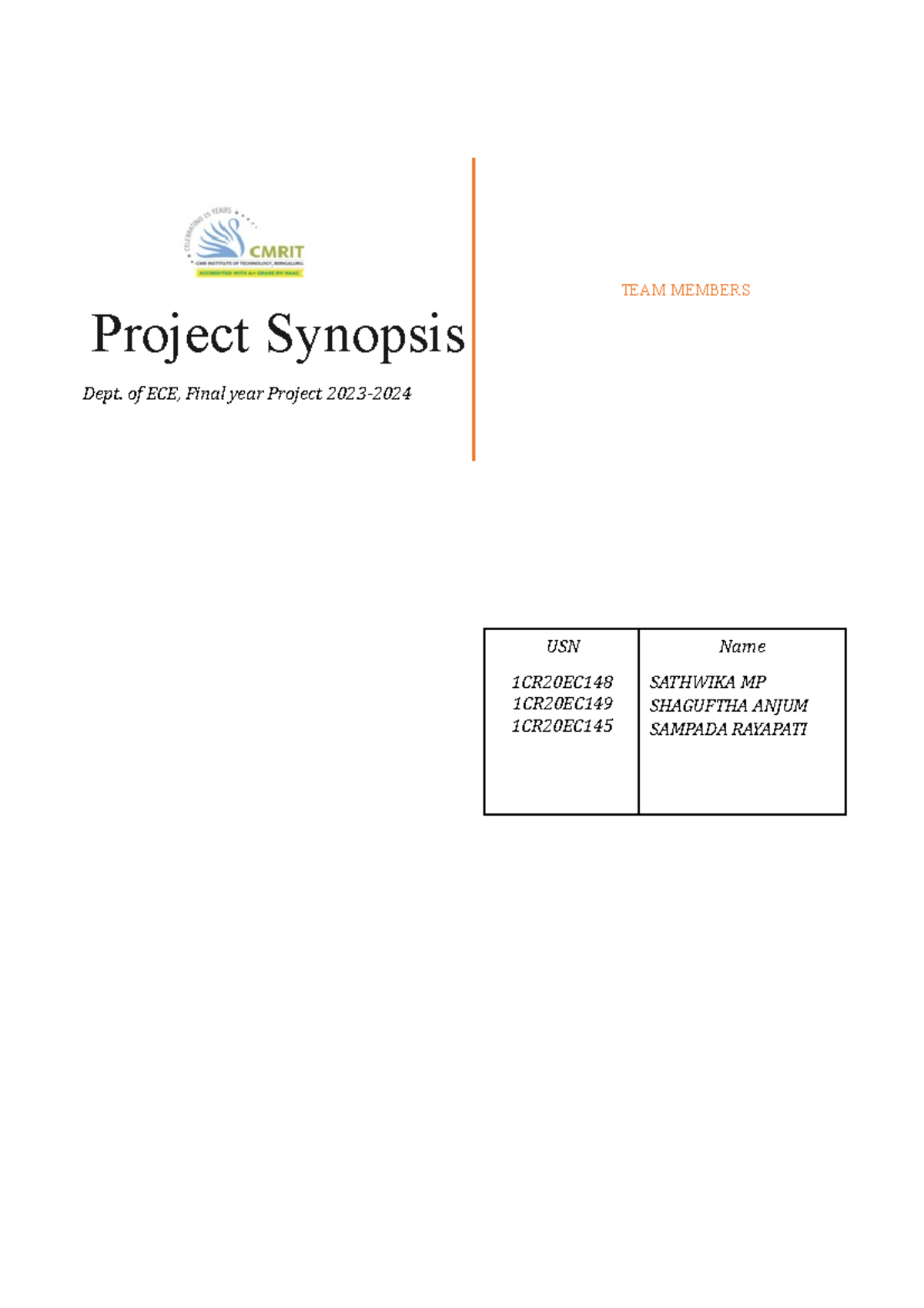 synopsis for project - Project Synopsis Dept. of ECE, Final year ...