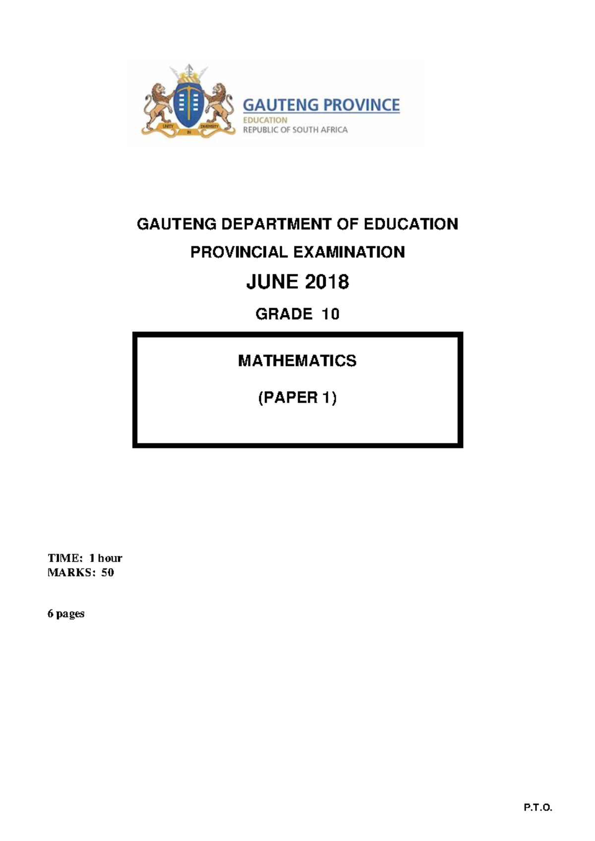 2018 Grade 10 MID YEAR EXAM JUNE MATH Paper 1 - GAUTENG DEPARTMENT OF ...