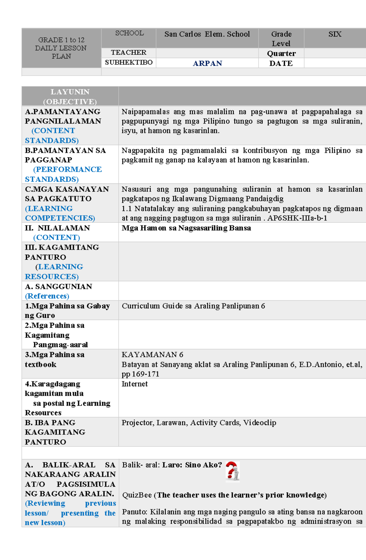 ARAL PAN LES PLAN - This is a Daily Lesson Plan in Araling Panlipunan ...