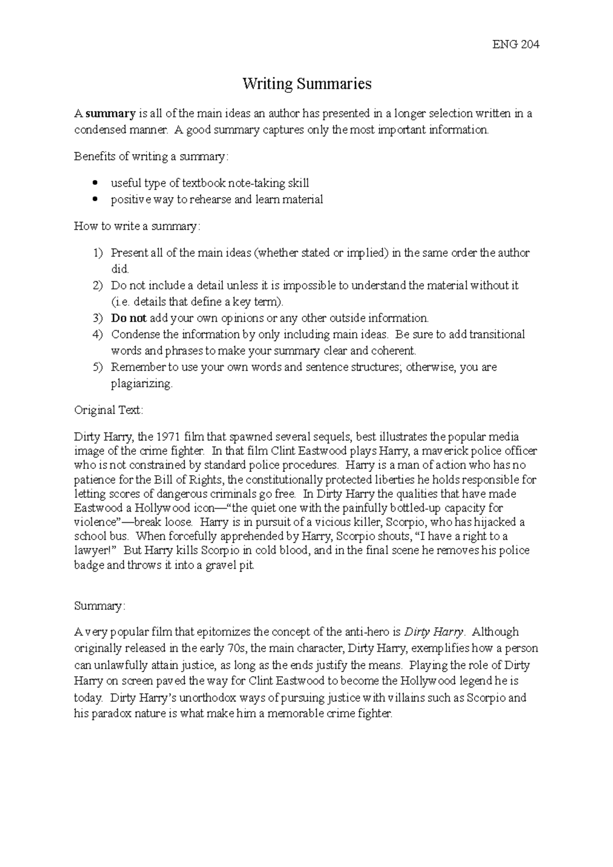 204 - Handout - Summaries and Paraphrases - ENG 204 Writing Summaries A ...